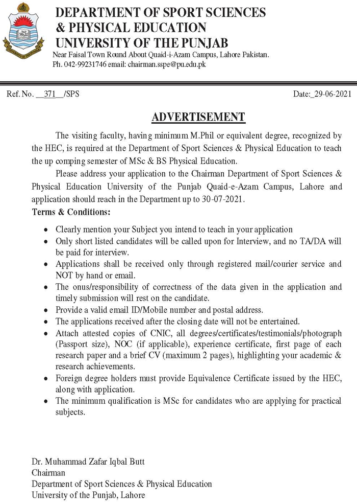 University of the Punjab - Careers - Visiting Faculty Required