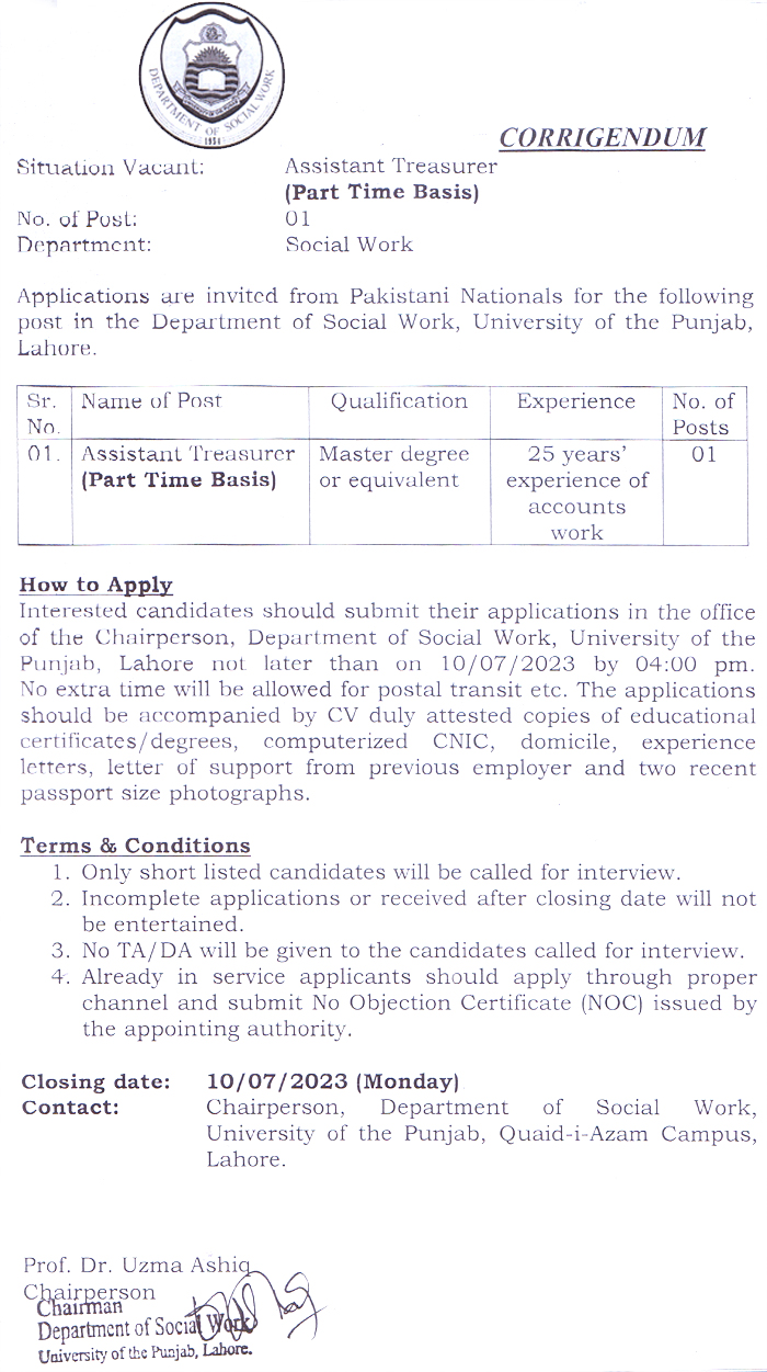 University of the Punjab - Careers - Assistant Treasurer (Part Time Basis)