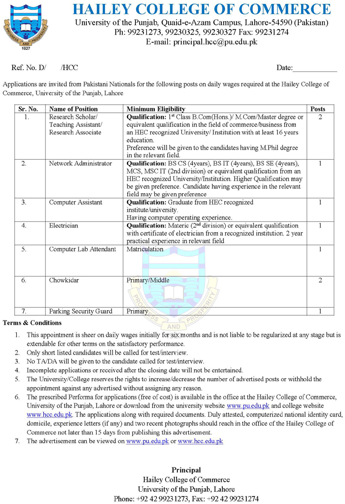 Careers- - Posts on daily wages required at the Hailey College of ...