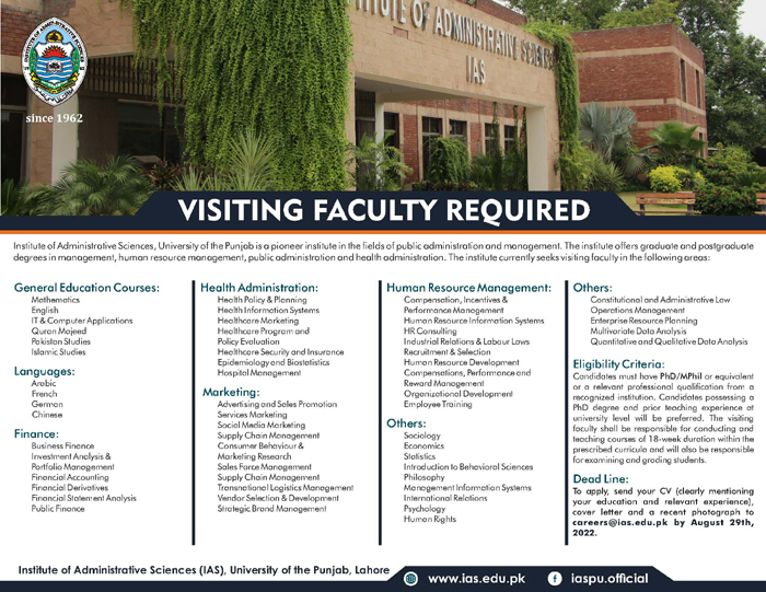 Careers- - Visiting Faculty Required (Institute of Administrative Sciences):University of the Punjab