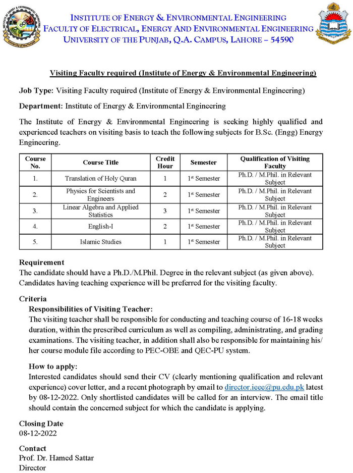 University of the Punjab - Careers - Visiting Faculty required ...