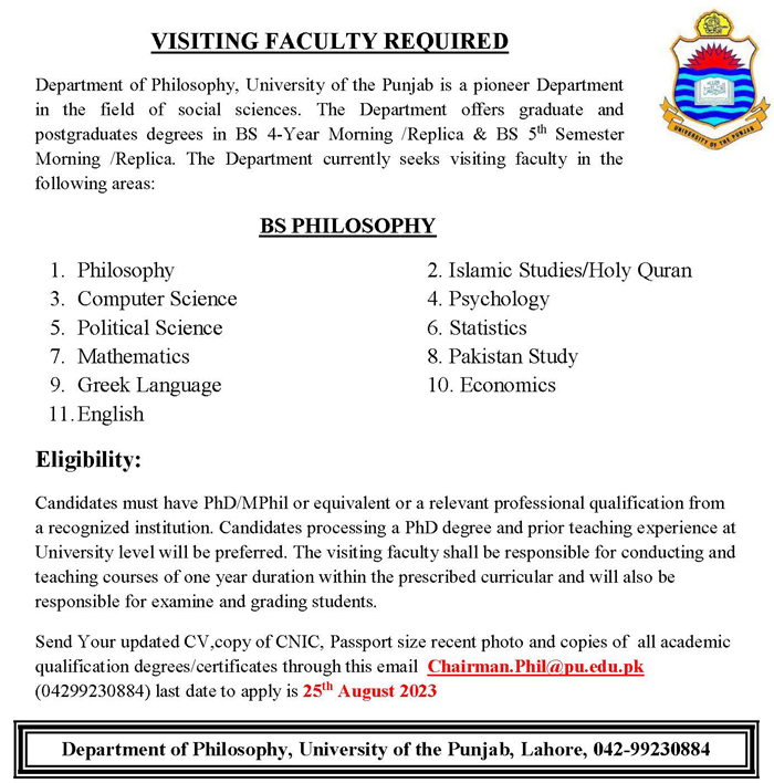 University of the Punjab - Careers - Visiting Faculty Required ...
