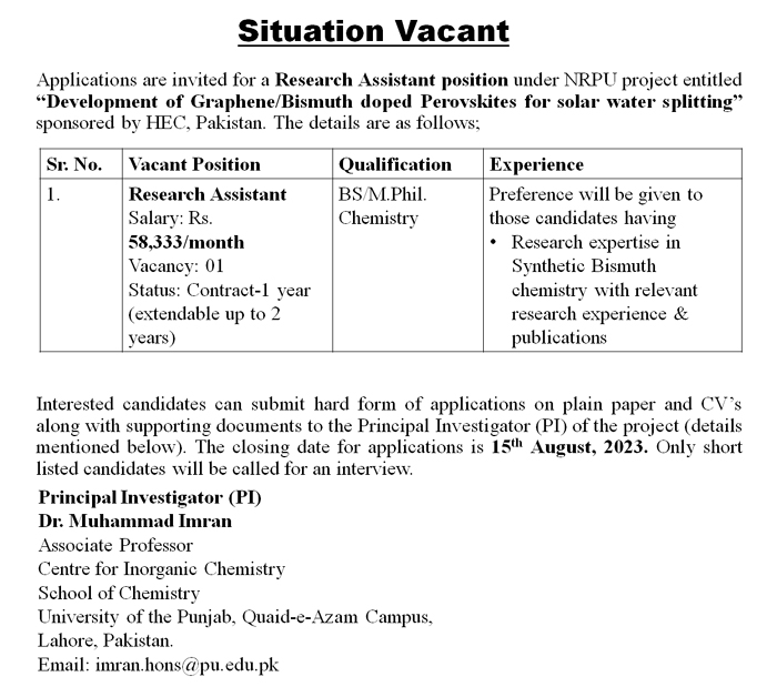 Careers- - Situation Vacant - Research Assistant under HEC NRPU Project:University of the Punjab