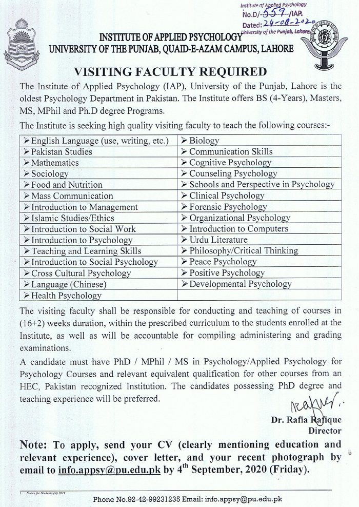 Careers- - Visiting Faculty Required (Institute of Applied Psychology):University of the Punjab