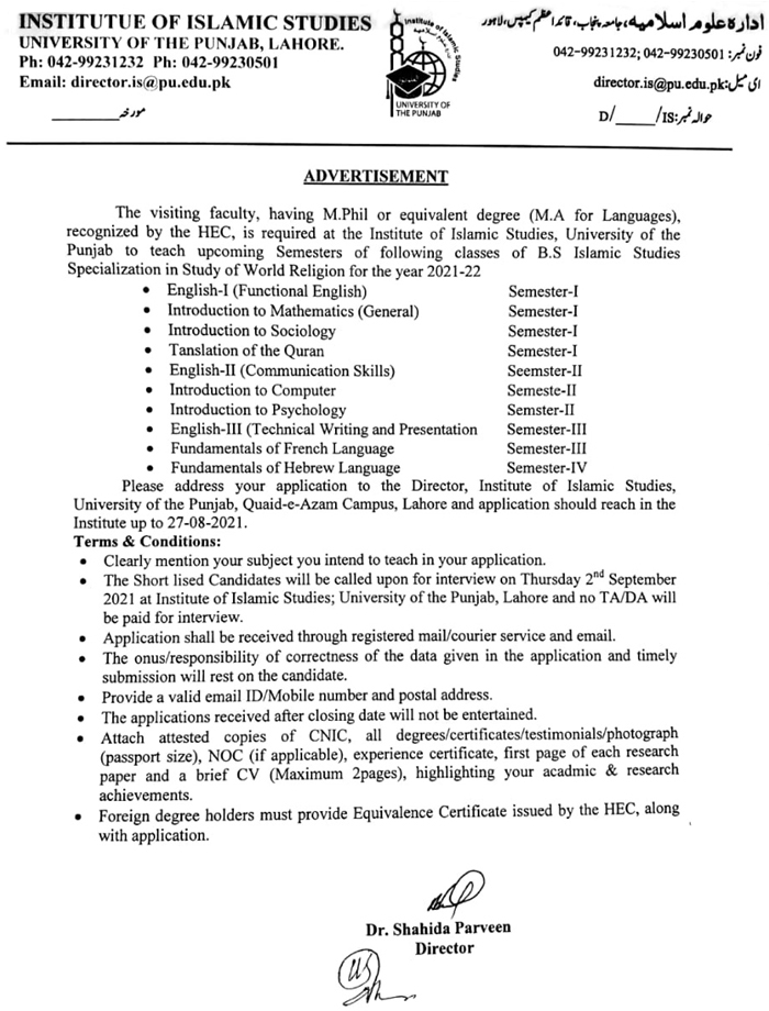 Careers- - Visiting Faculty Required:University of the Punjab