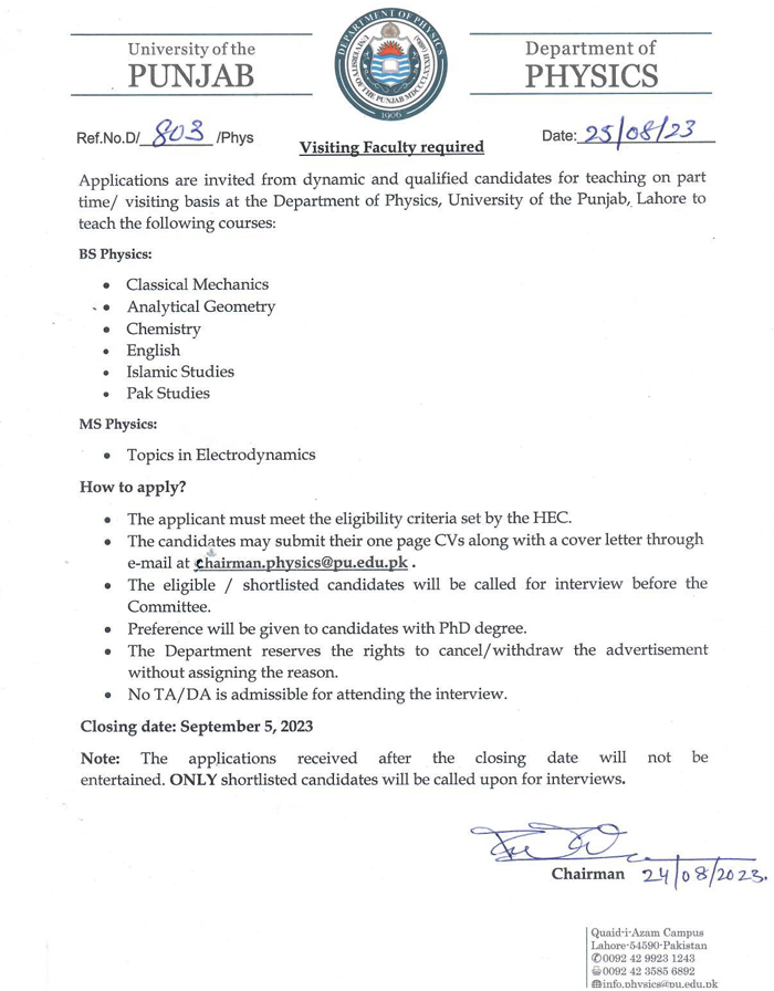 Careers- - Visiting Faculty Required (Department of Physics):University of the Punjab