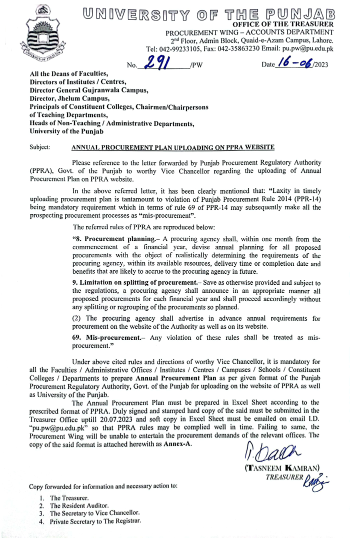 Annual Procurement Plan - News Updates : University of the Punjab