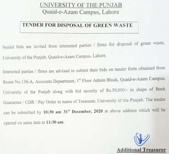TENDER NOTICE FOR DISPOSAL OF GREEN WASTE - University of the Punjab ...