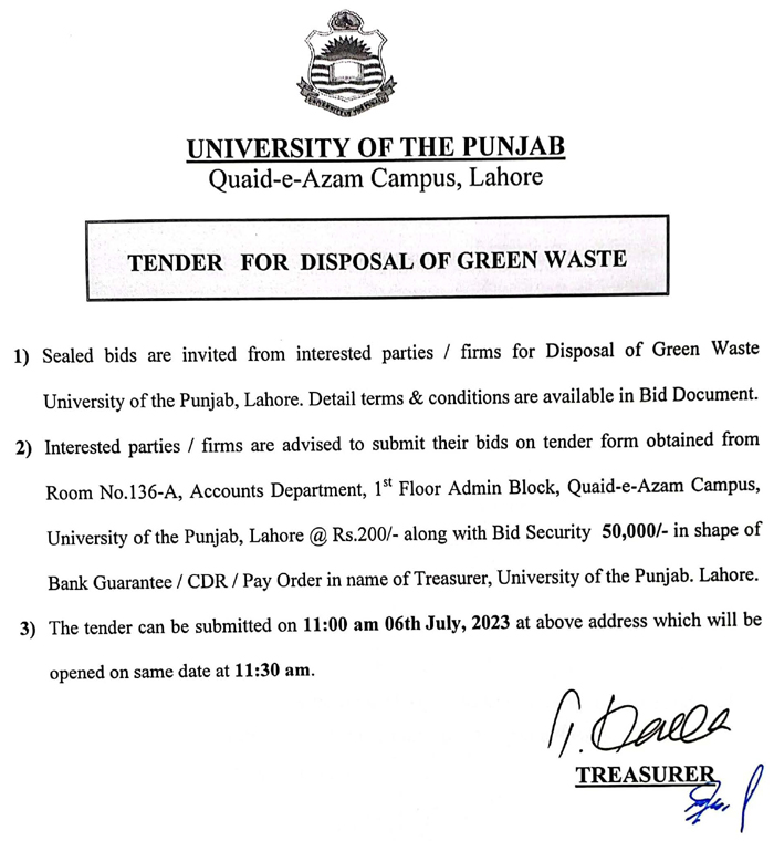 Tender for Disposal of Green Waste - University of the Punjab - News ...