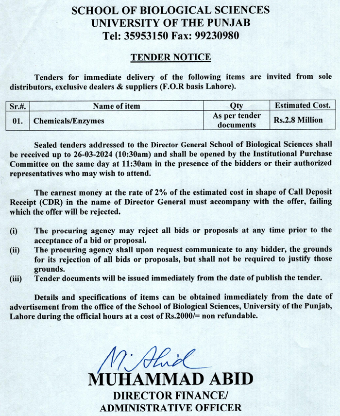 Tender Notice for Chemical / Enzymes (School of Bi - News Updates ...