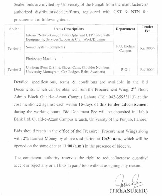 Sealed tenders are invited by the University of the Punjab for ...