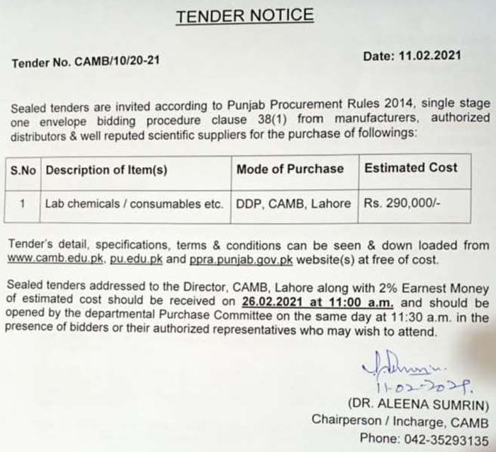 Tender Notice for Lab Chemicals / Consumables etc. - Schedule ...
