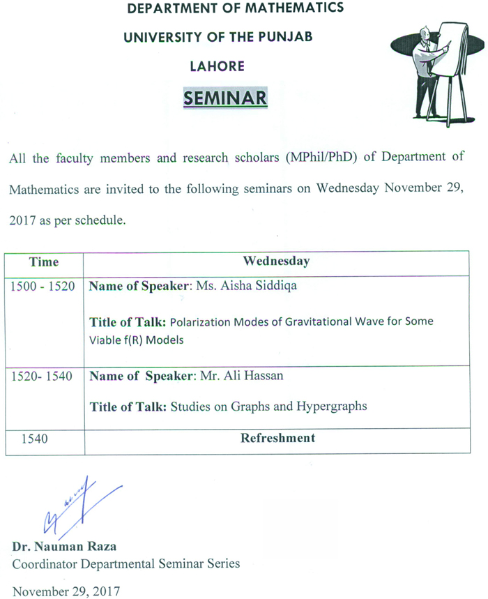 Weekly Seminars will be held on Wednesday, November 29, 2017 ...